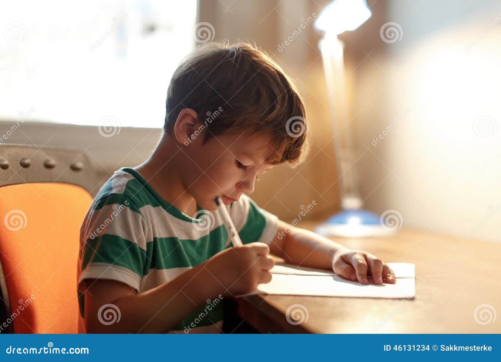 Little Boy Write To Blank Paper Stock Photo - Image of child, working ...