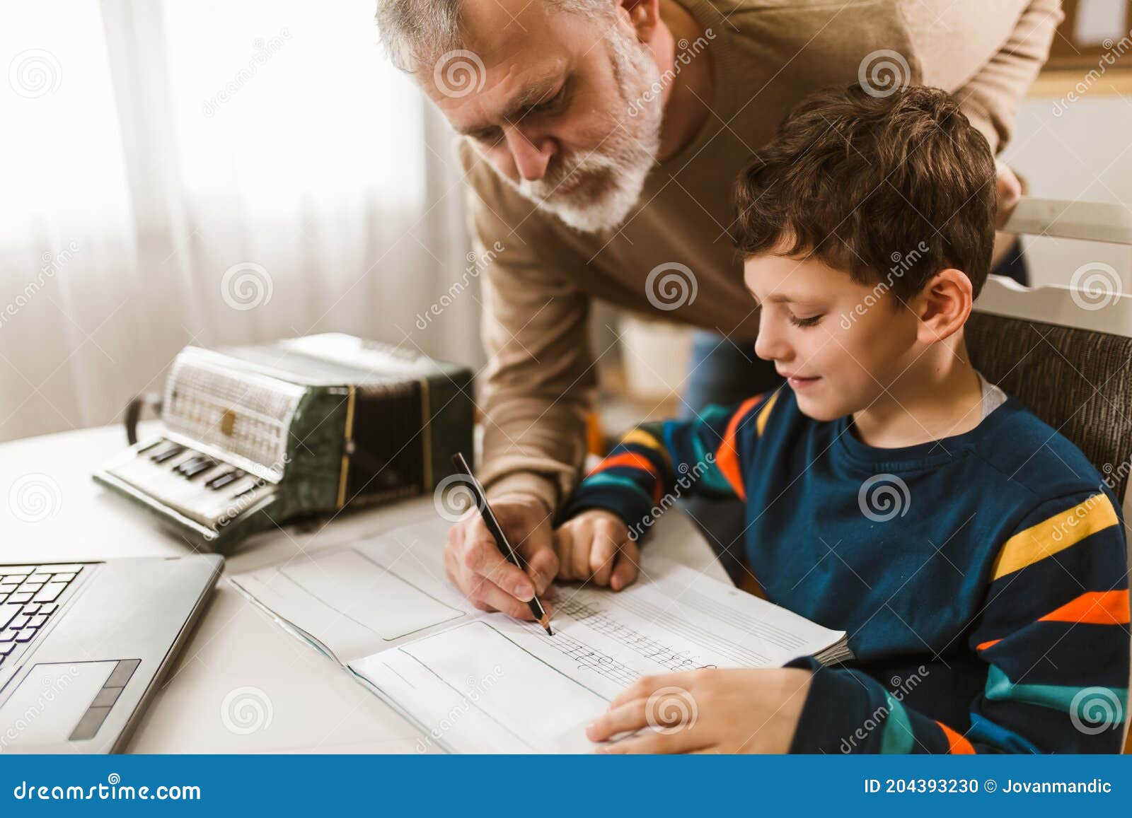Boy Writes Musical Notes And Violin Key At Home Online Course On Laptop ...