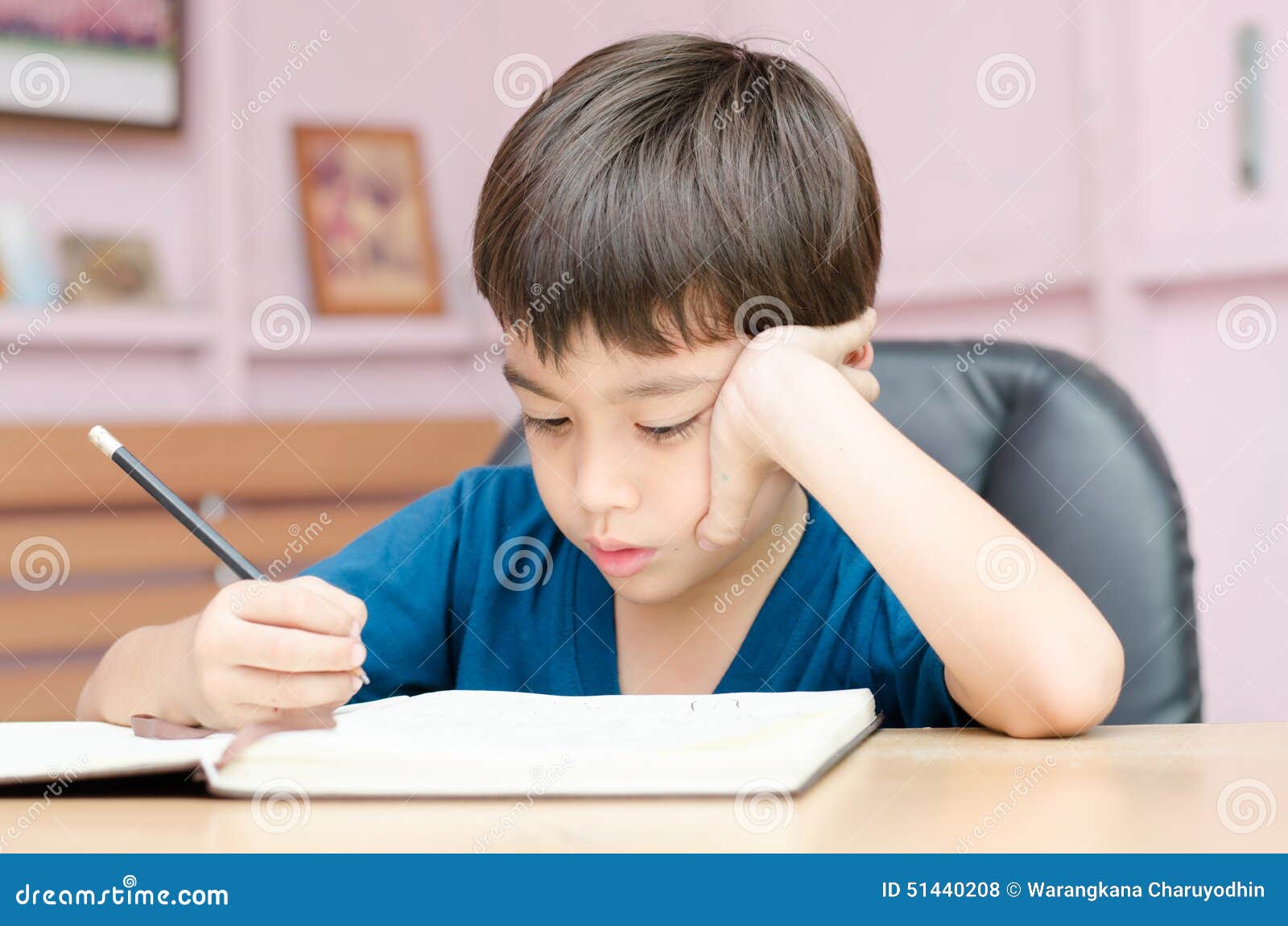 Little Boy Writing and Thinking Homework Stock Photo - Image of primary ...