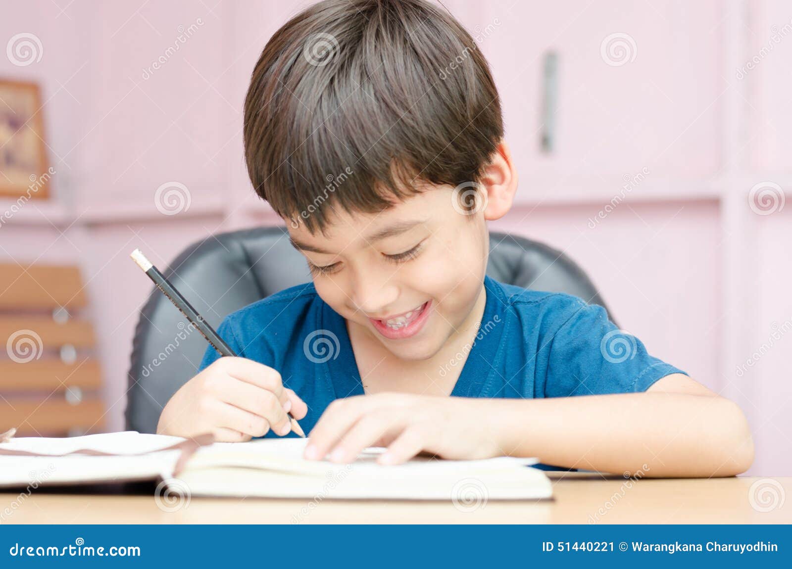 Little Boy Writing and Thinking Homework Stock Image - Image of english ...
