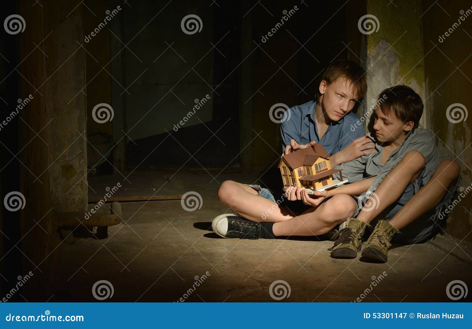 Little Boys in a Dark Cellar Stock Image - Image of arms, brother: 53301147