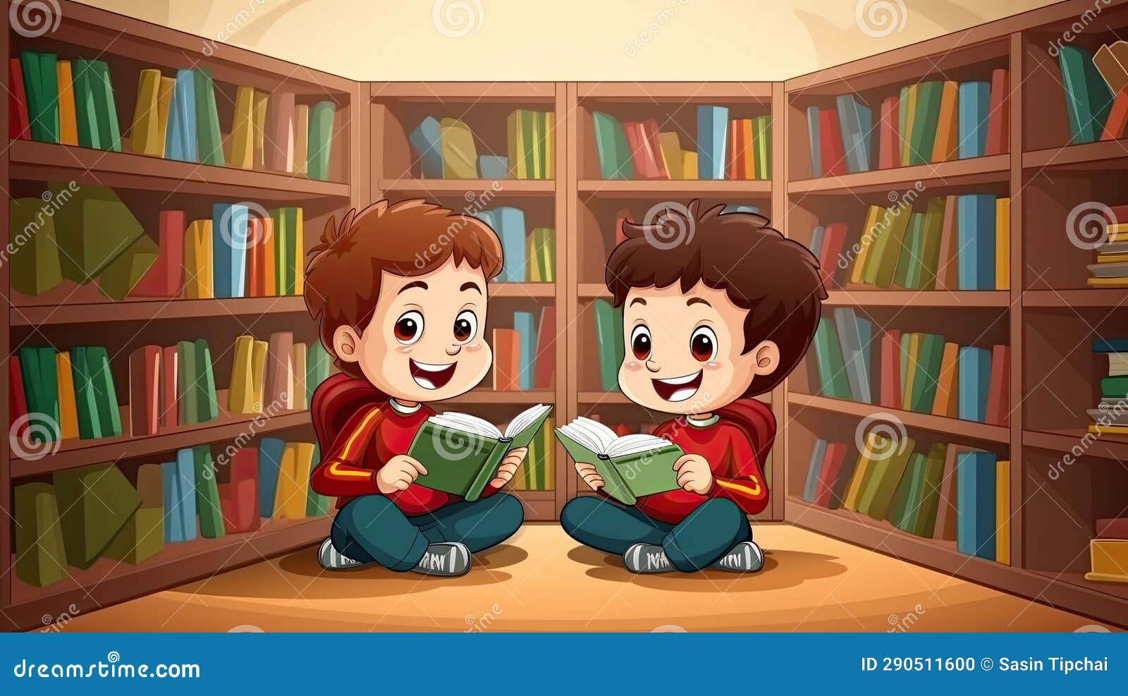 Little Boys Reading Books in the Library Stock Illustration ...