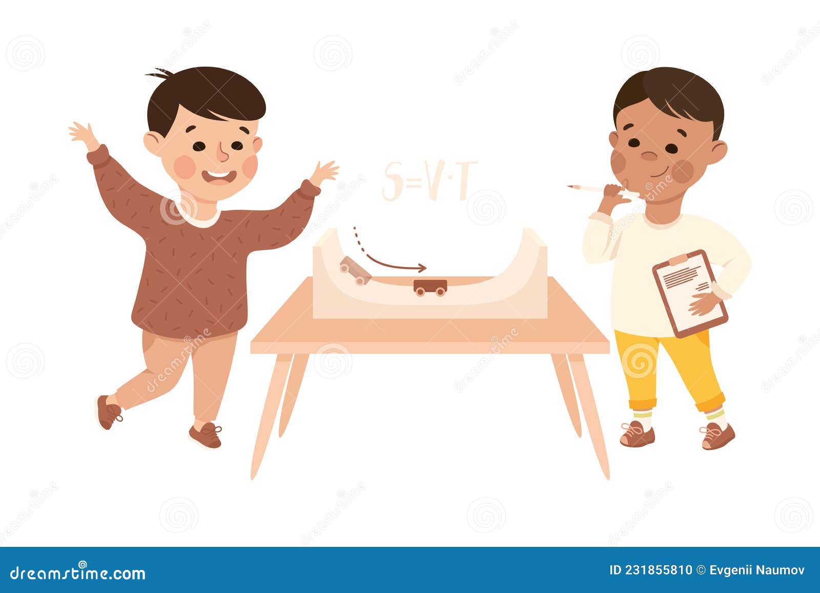 Little Boys Working on Physics Science Experiment with Speed Vector ...