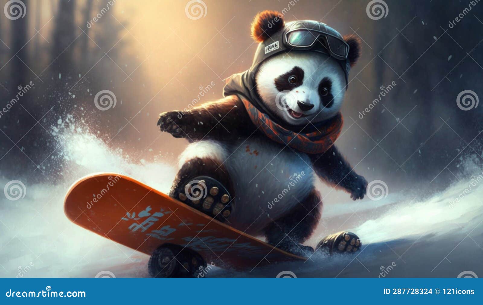A Little Brave Panda is Riding a Snowboard. Generative AI Stock ...