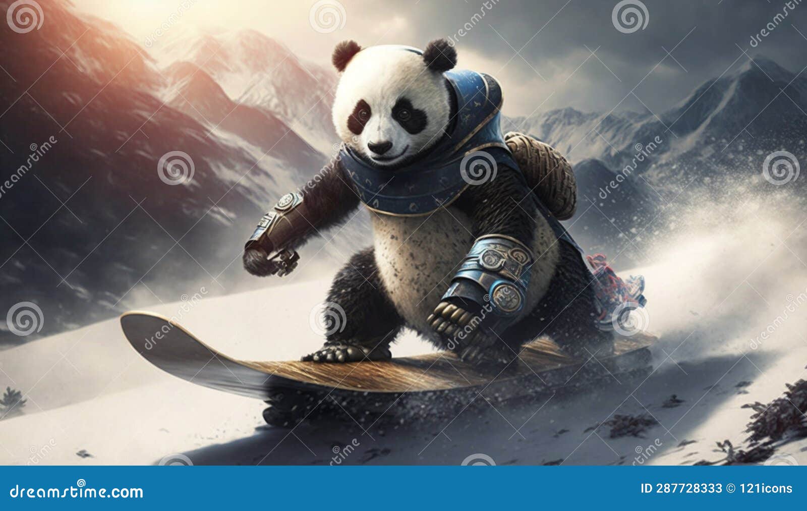 A Little Brave Panda is Riding a Snowboard. Generative AI Stock ...