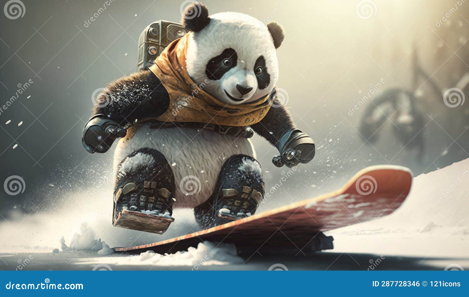 A Little Brave Panda is Riding a Snowboard. Generative AI Stock ...