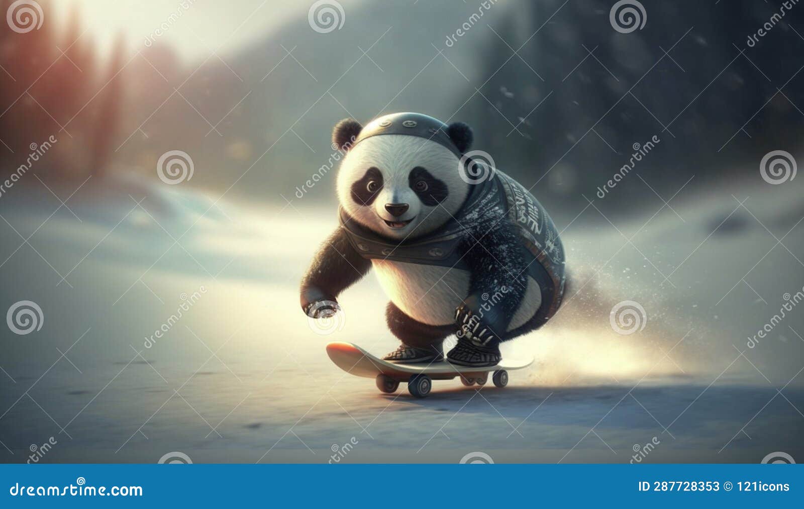 A Little Brave Panda is Riding a Snowboard. Generative AI Stock ...