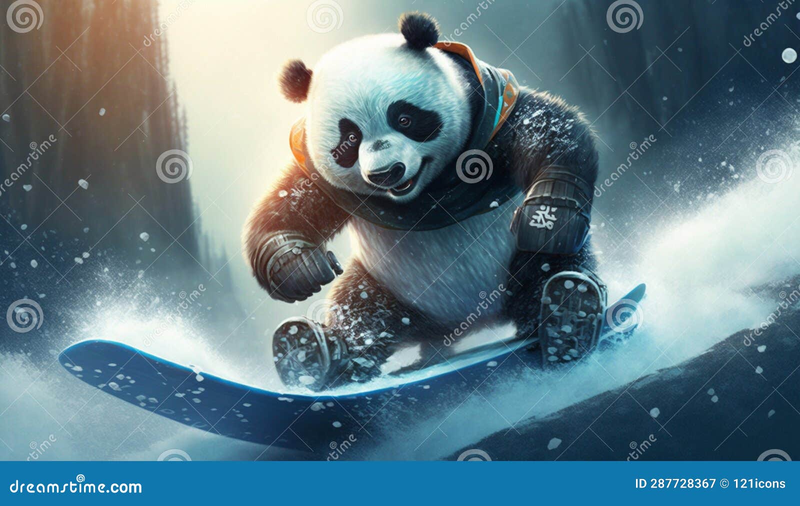 A Little Brave Panda is Riding a Snowboard. Generative AI Stock ...