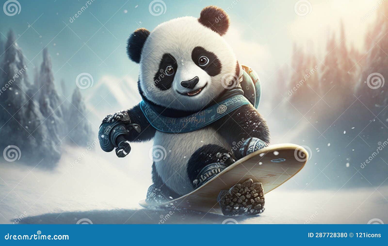 A Little Brave Panda is Riding a Snowboard. Generative AI Stock ...