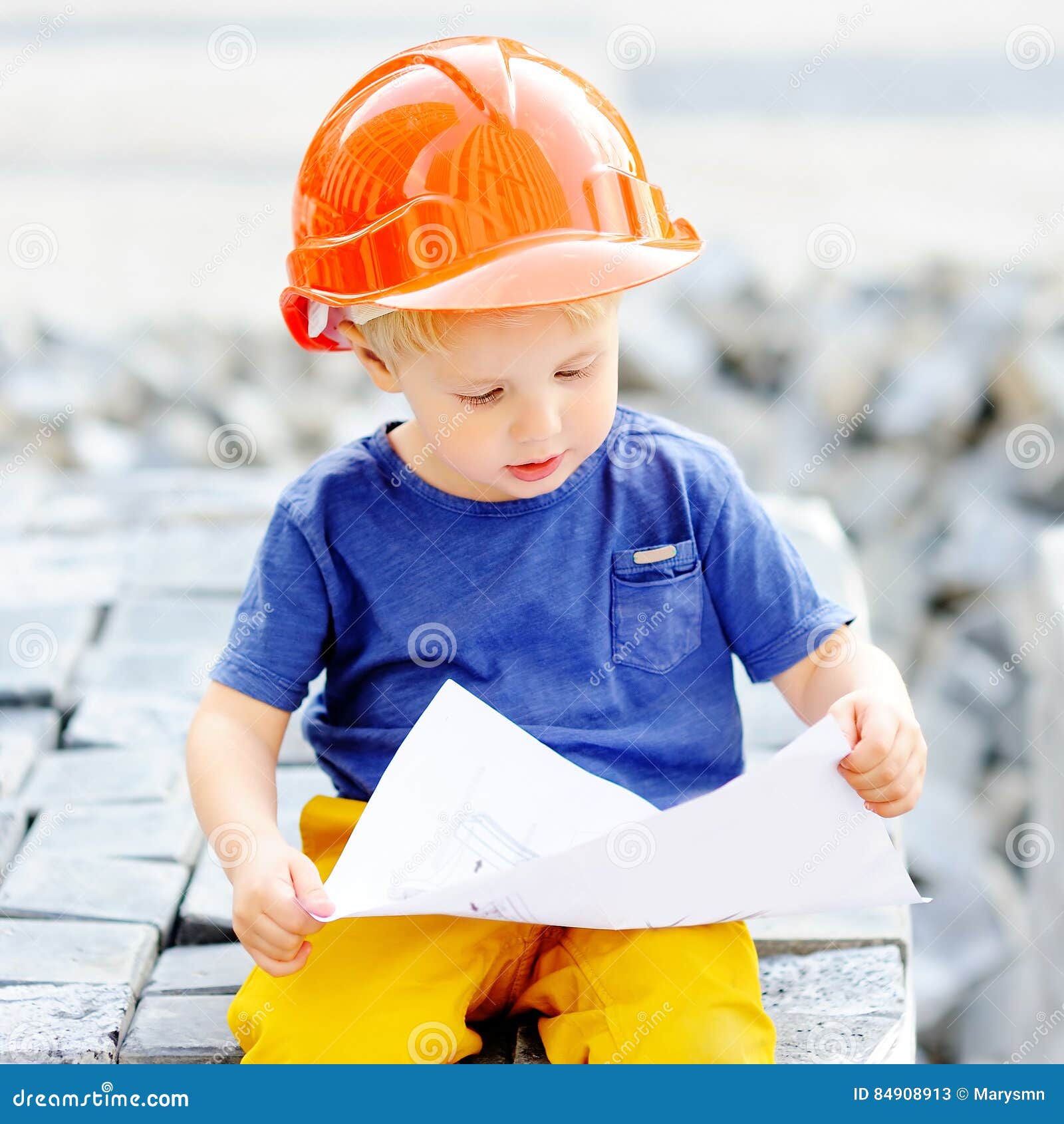 Little Builder Reading Construction Drawing Stock Image - Image of ...