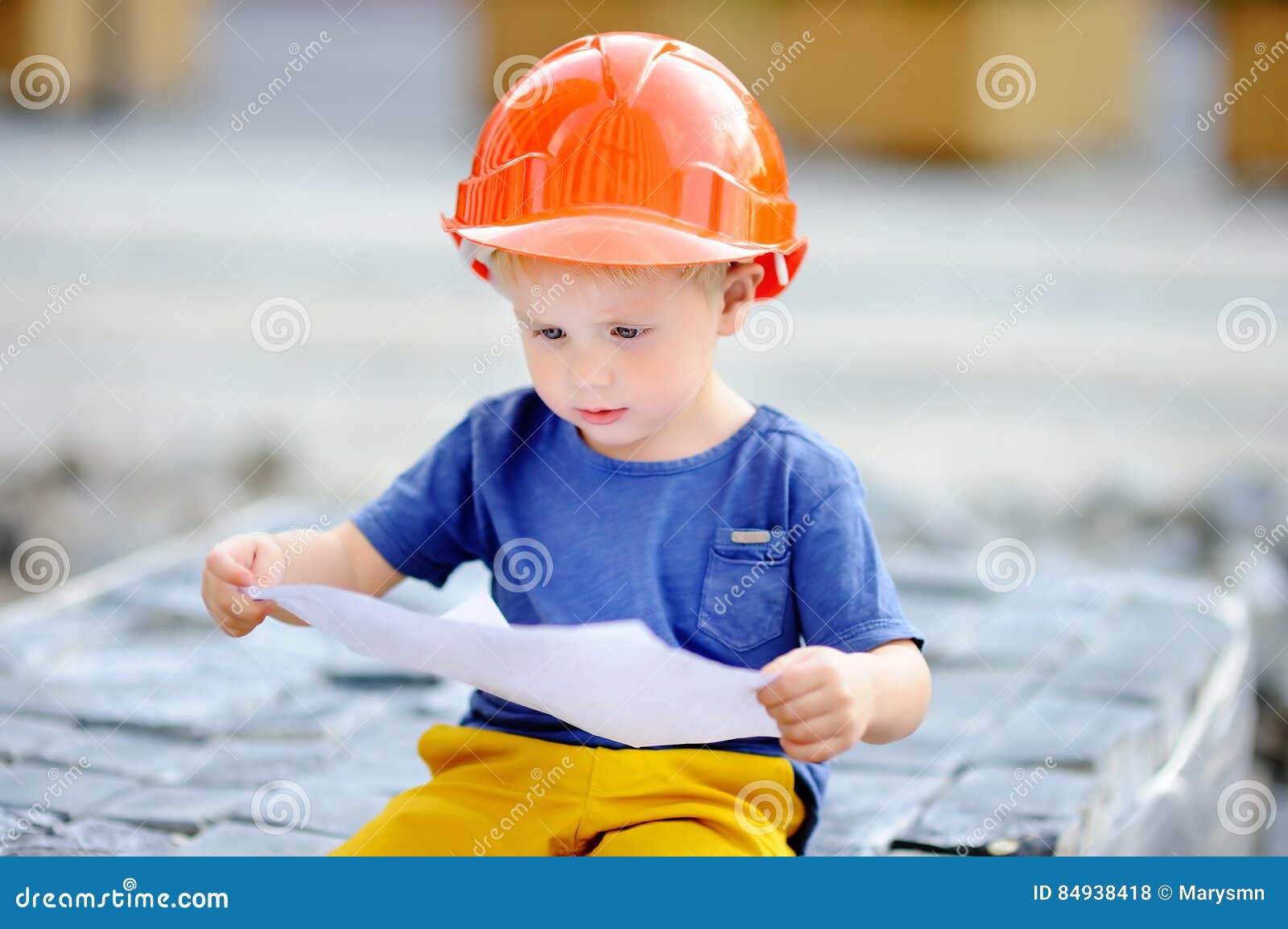 Little Builder Reading Construction Drawing Stock Photo - Image of ...