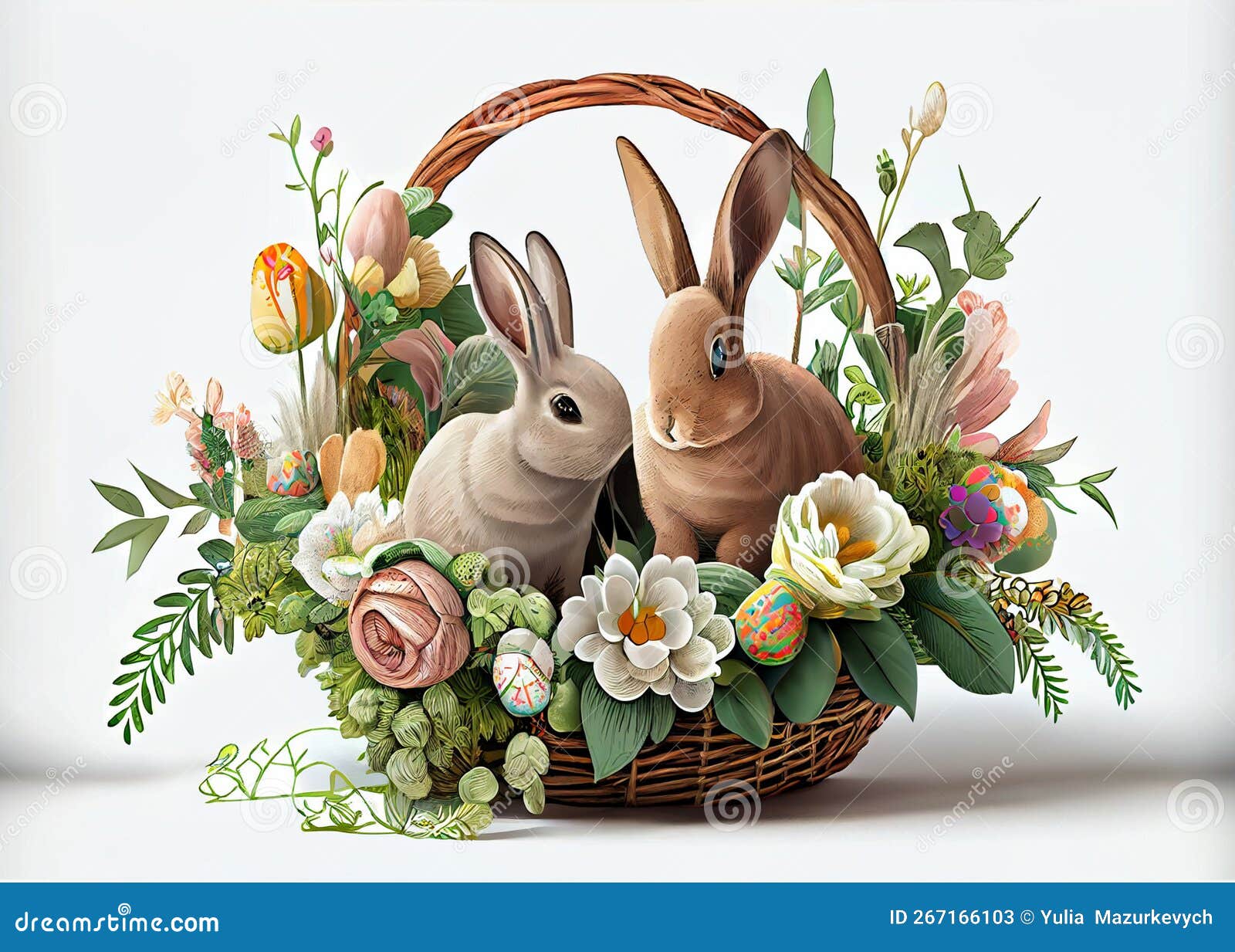 Hand Draw Bunny in Basket with Decorated Eggs - AI Generated Stock ...