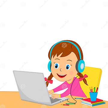 Little Cartoon Girl Using Computer Stock Vector - Illustration of ...