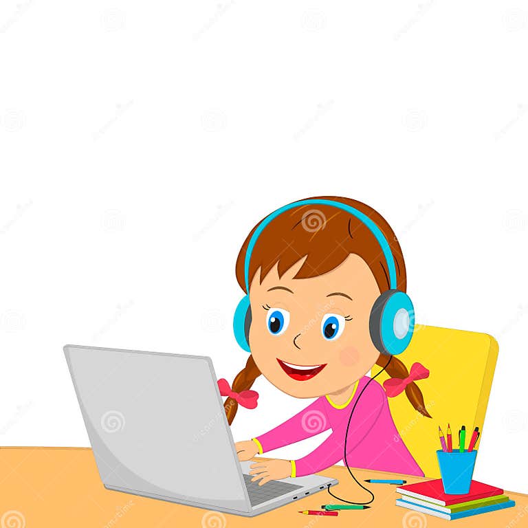 Little Cartoon Girl Using Computer Stock Vector - Illustration of ...