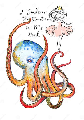 A Little Cartoon Princess Is Dancing Among The Octopus Tentacles Stock Image Image Of Element