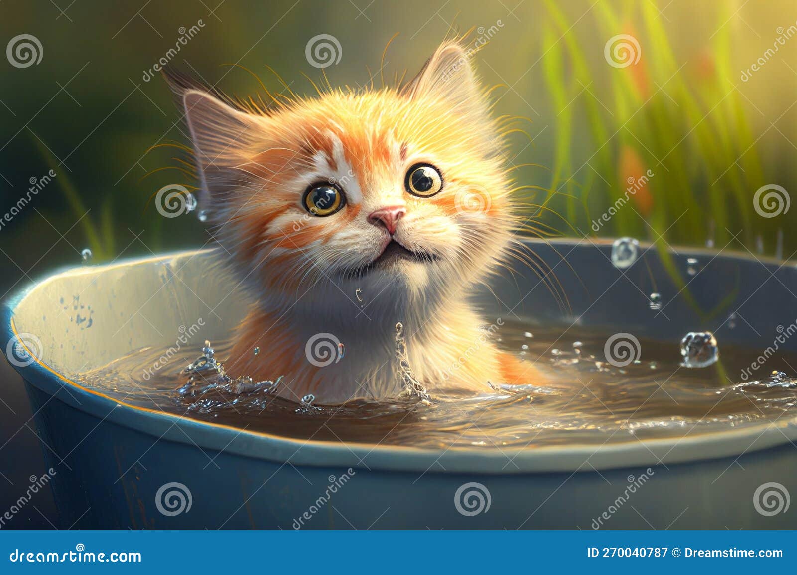 Little Cat Having Fun Playing with Water in a Basin Generative AI Stock ...