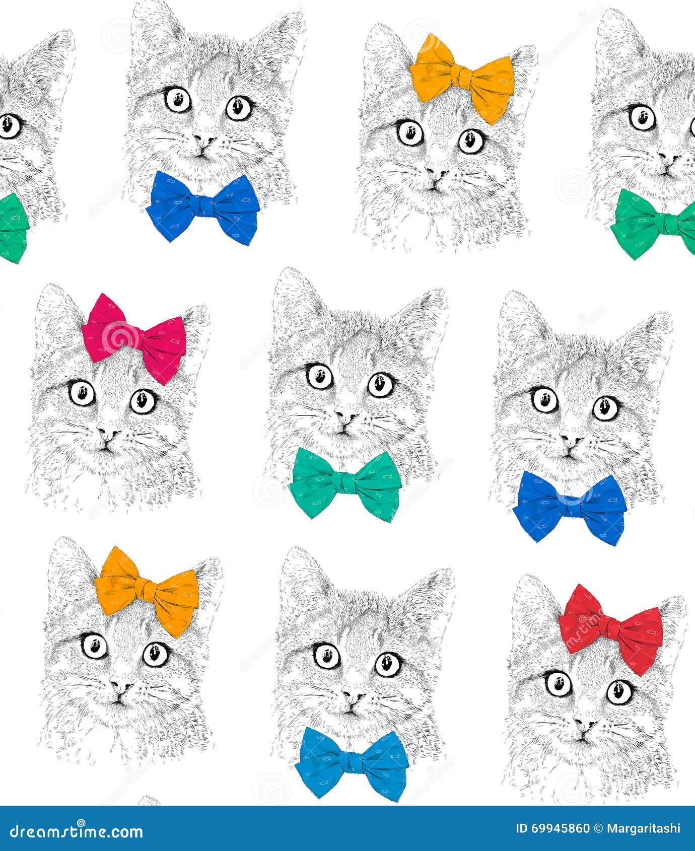 Little Cats with a Bows. Seamless Pattern. Color Graphic Illustration ...