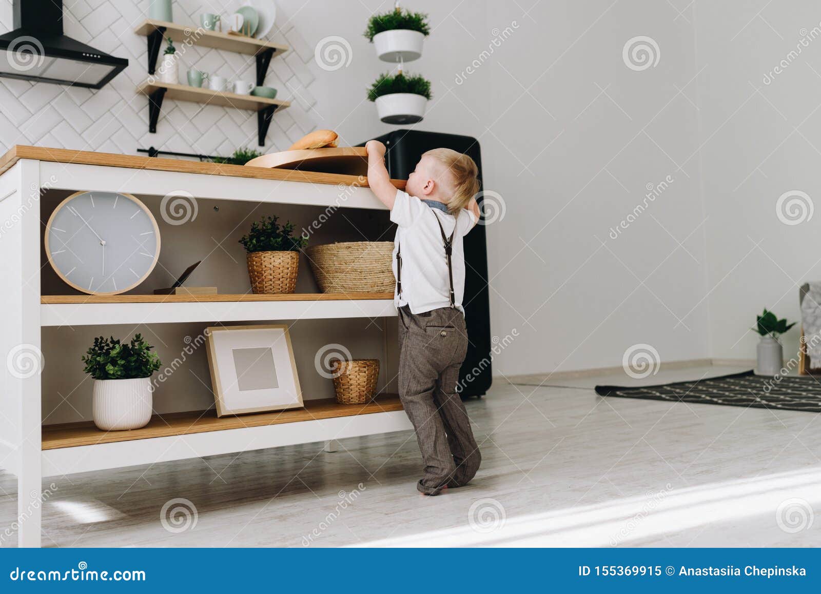 A Little Caucasian Boy Backside Pulling a Tray with Bread from the ...