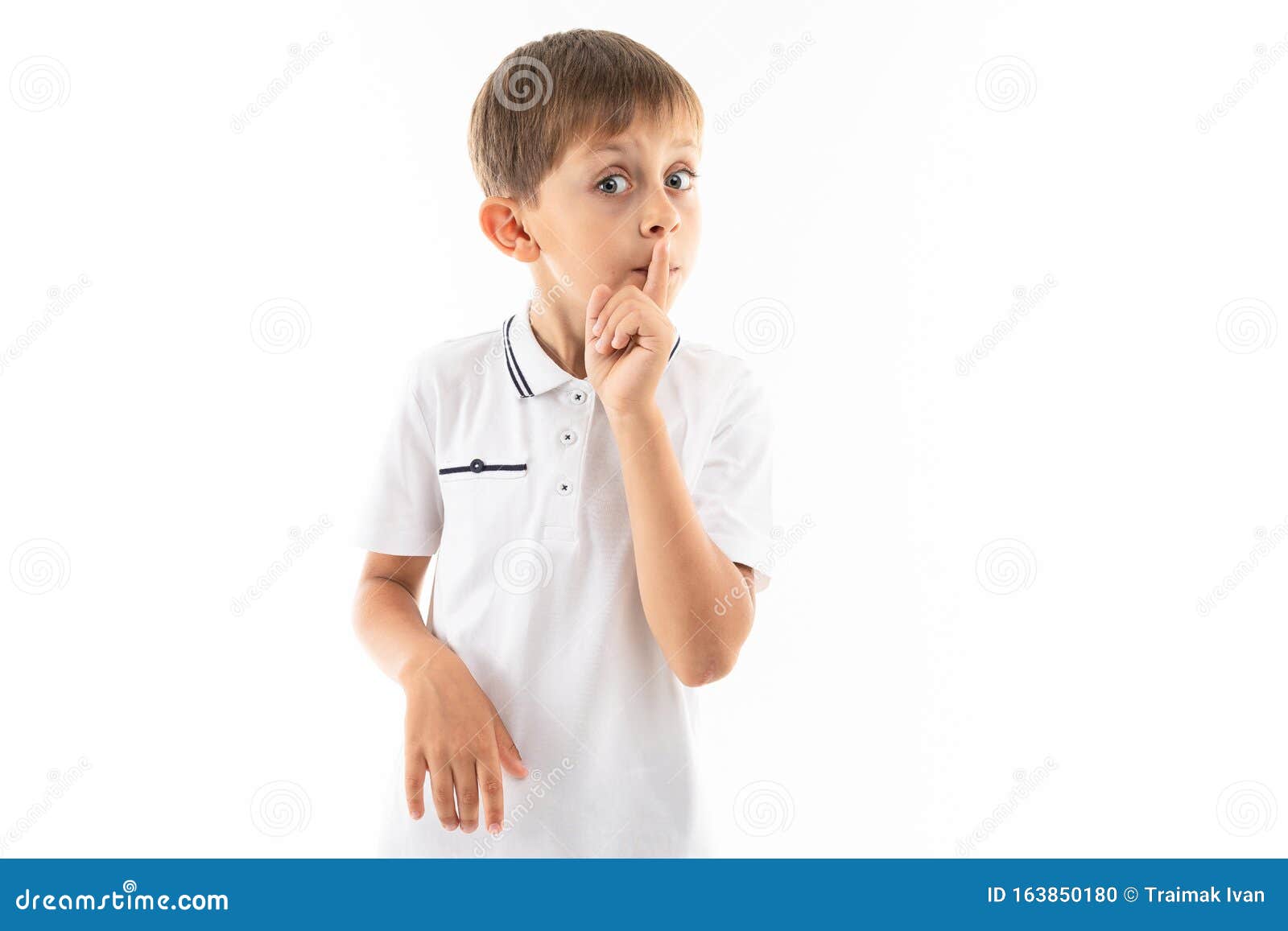A Little Caucasian Boy Say Keep Quiet Stock Photo - Image of front ...