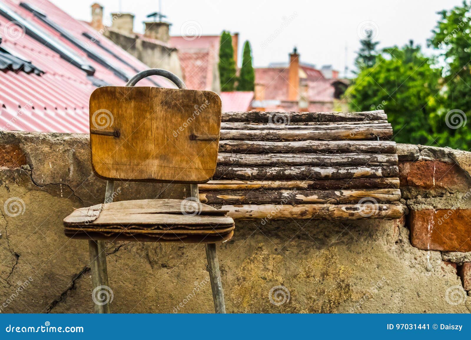 Little chair stock image. Image of tree, metal, brick - 97031441