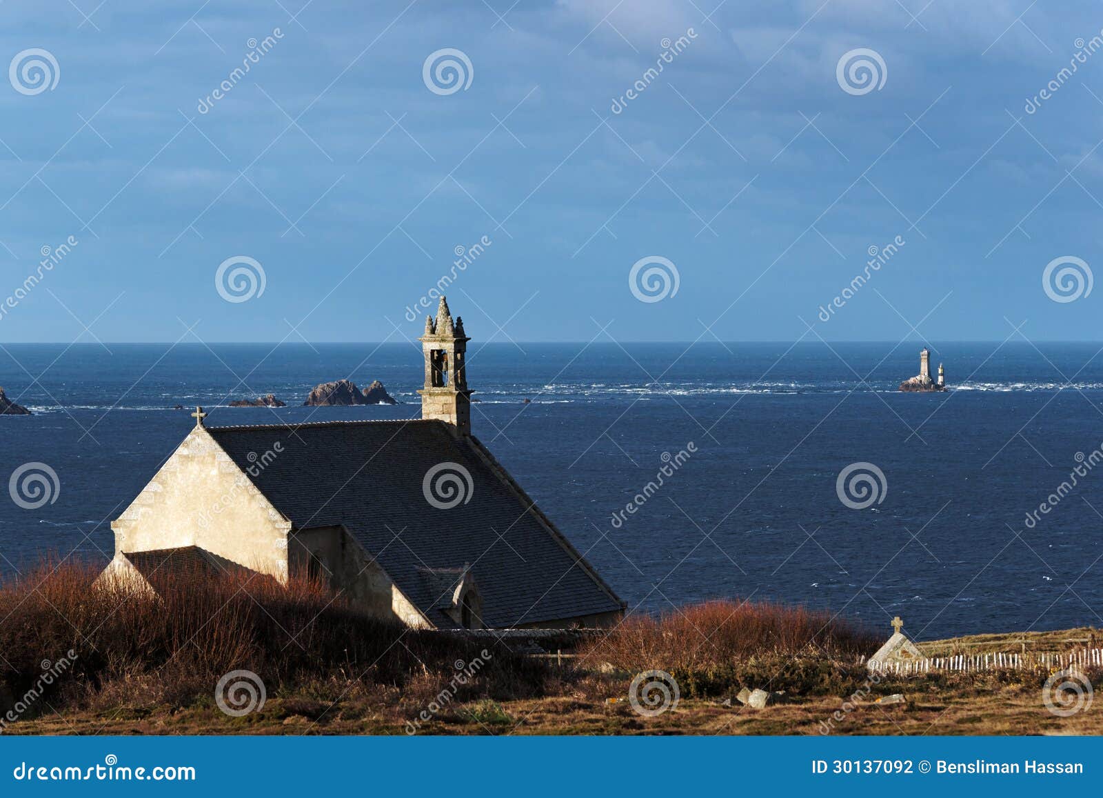 Little Chapel and Lighthouse at Pointe Du Van Stock Photo - Image of ...
