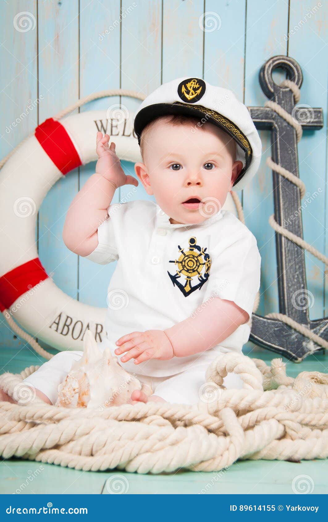 A Little Cheerful Boy Captain in the Maritime Interior Stock Image ...