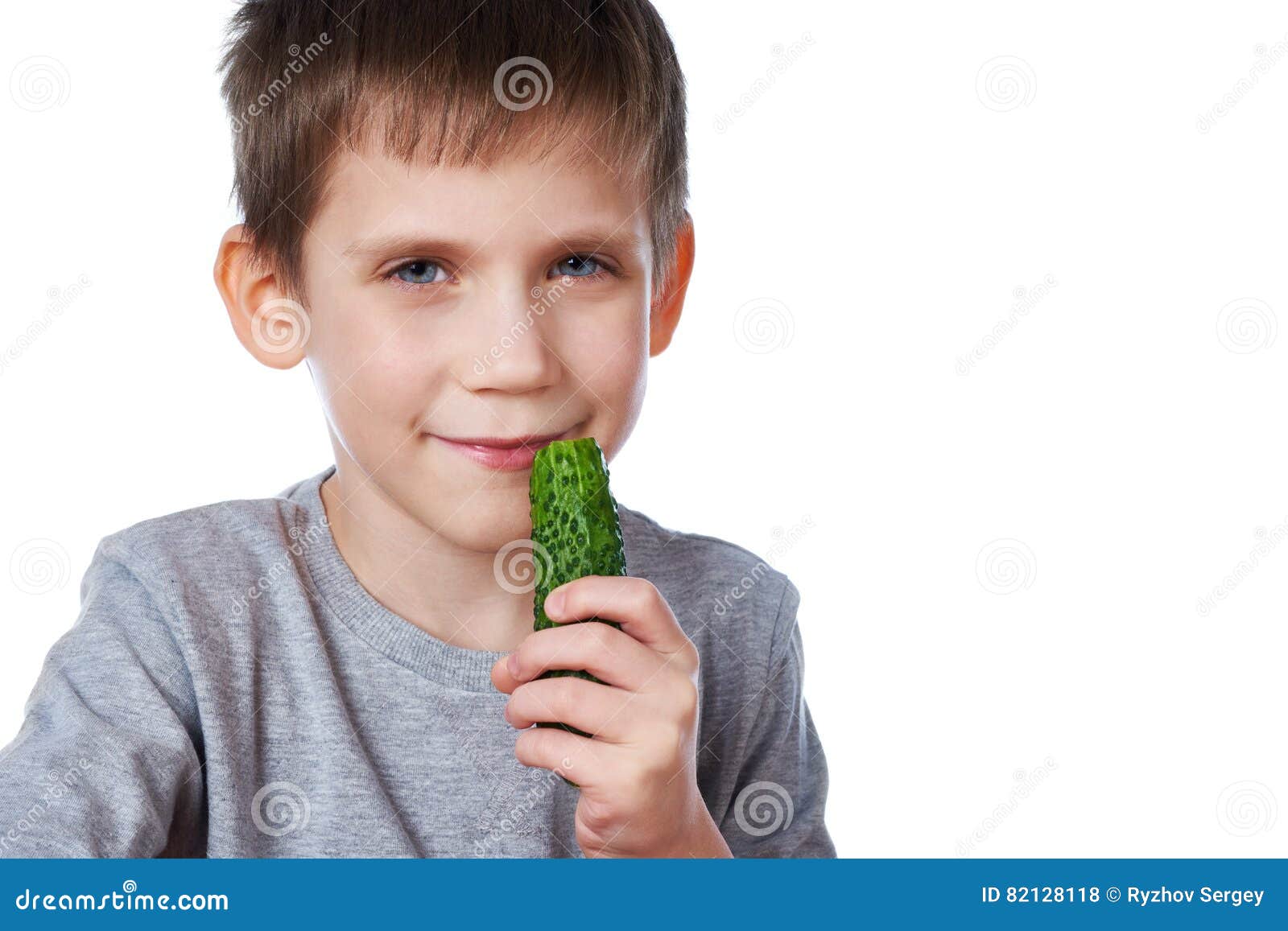 Little Cheerful Boy with Cucumber Isolated Stock Photo - Image of ...