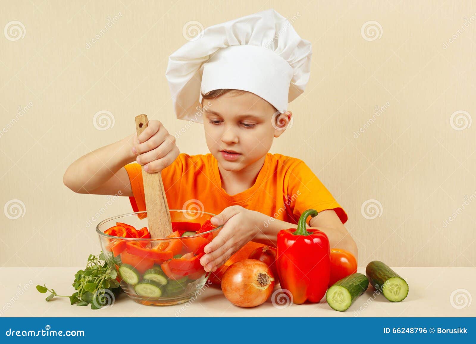 Little Chef Mixing the Vegetables in Bowl with Salad Stock Photo ...