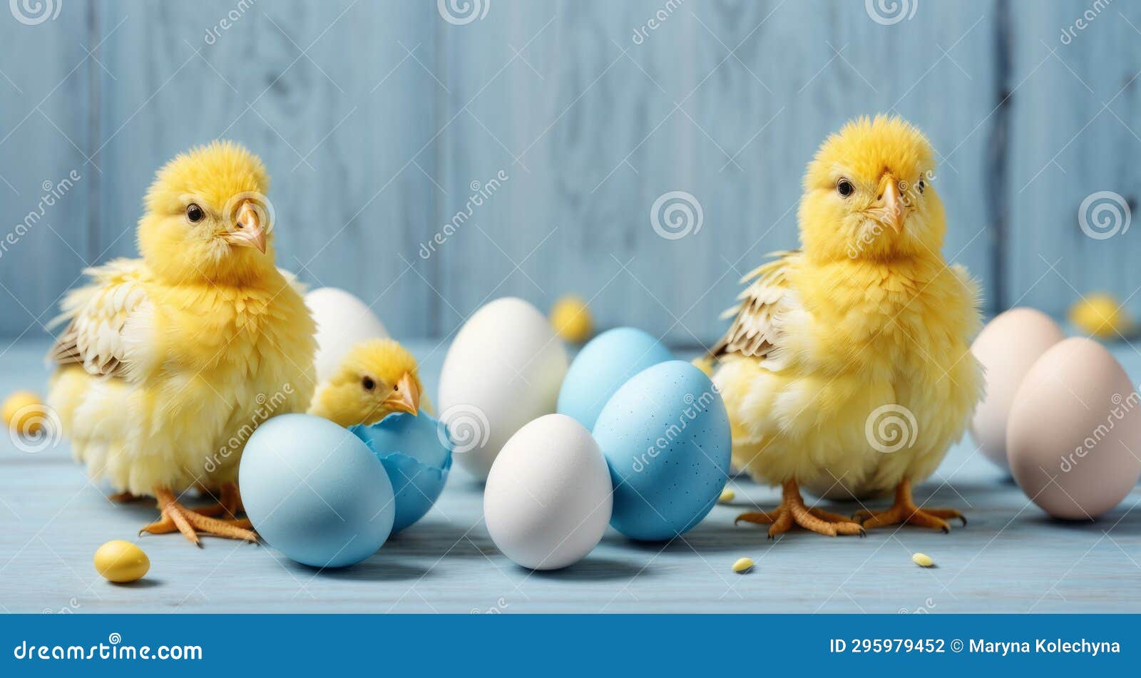 Little Chickens and Decorated Eggs on Light Blue Background. Holiday ...