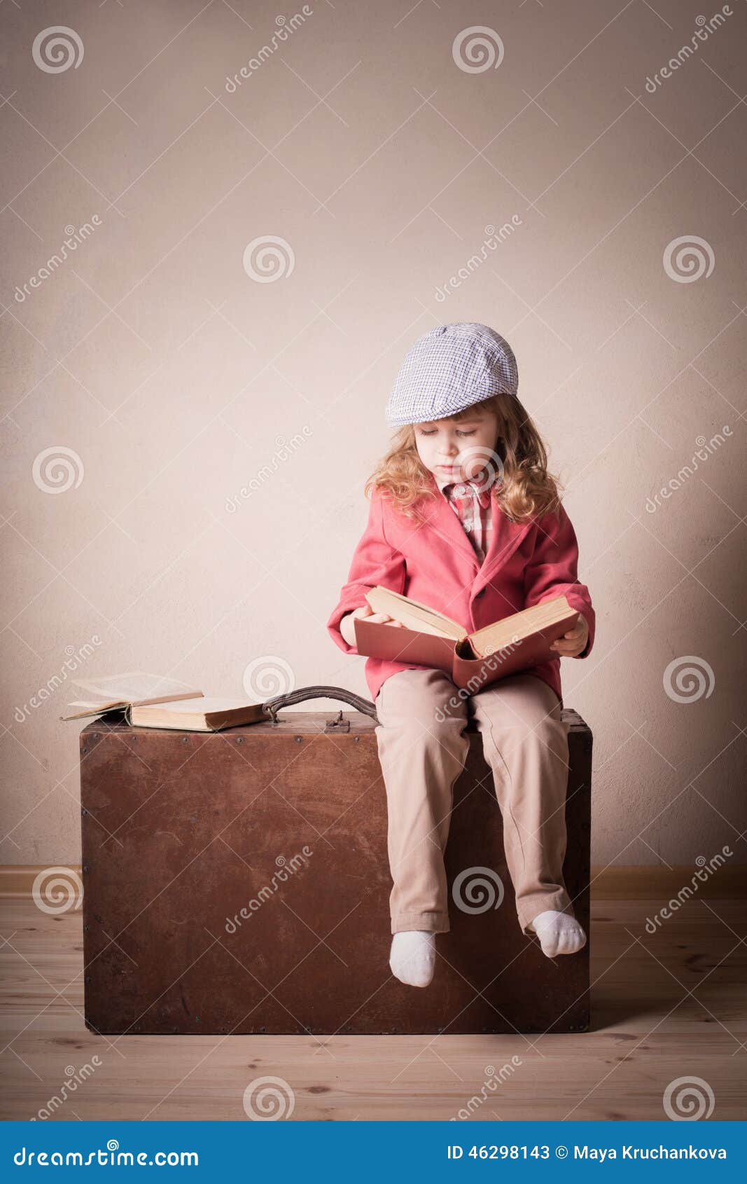 Little Child with Book on Suitcase Stock Image - Image of family, girl ...
