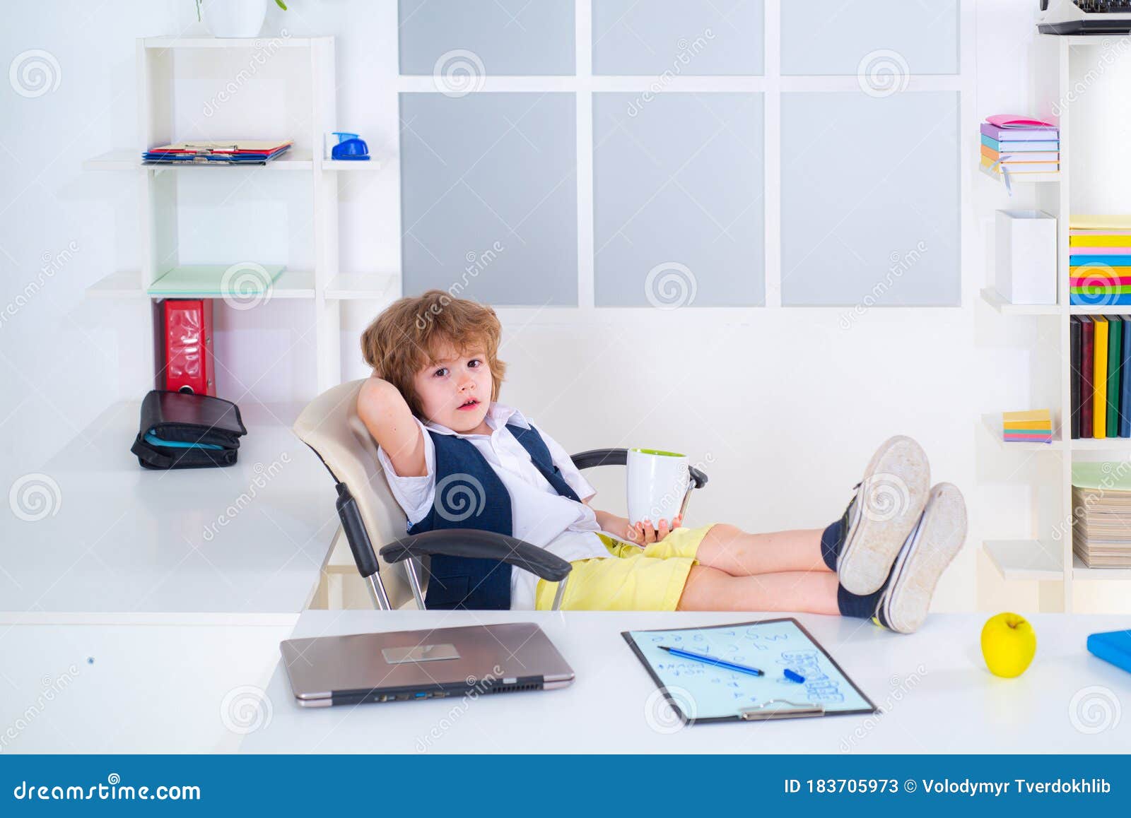 Little Child Boss. Little Businessman Working in Office. Stock Image ...