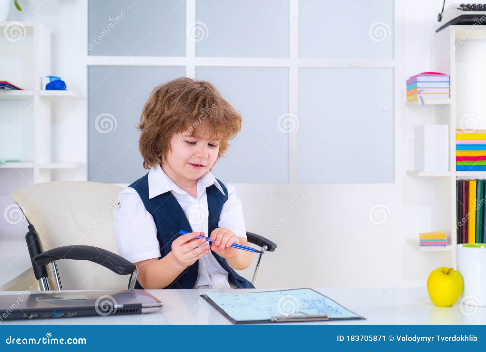 Little Child Boy Business Man Working in Office. Stock Image - Image of ...