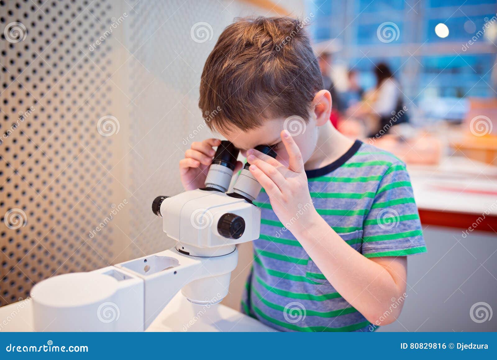 Little Child Boy Looking through Microscope Stock Photo - Image of ...