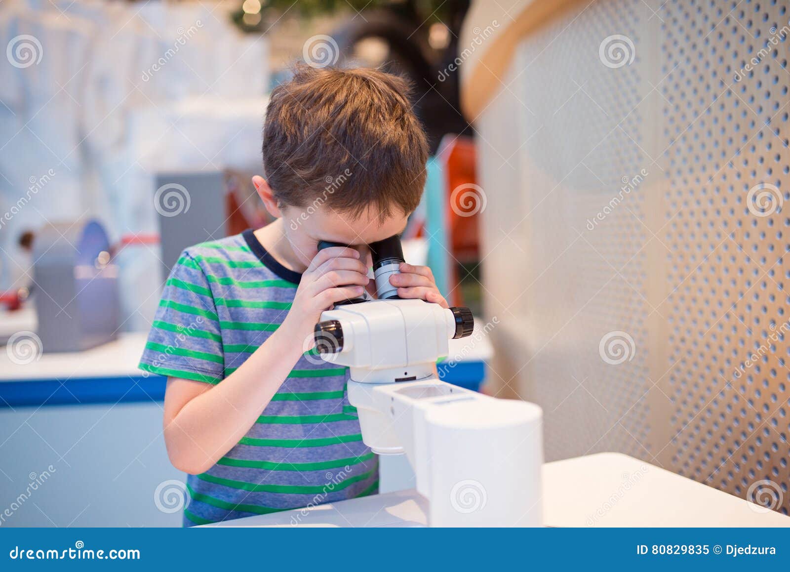 Little Child Boy Looking through Microscope Stock Image - Image of ...