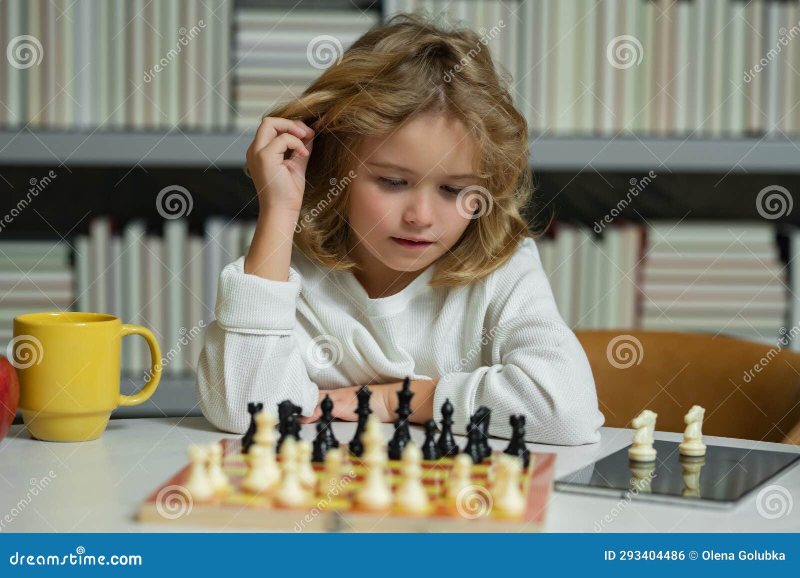 Little Child Chessman Play Chess Game, Checkmate. Stock Photo - Image ...