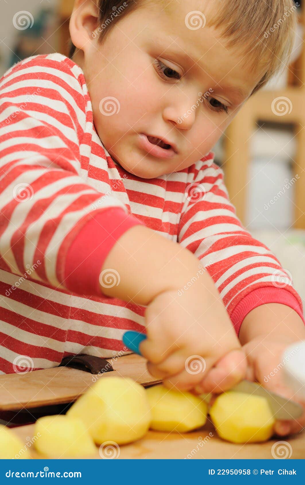 Little Child Cutting Potatoes Stock Photo - Image of skillful ...