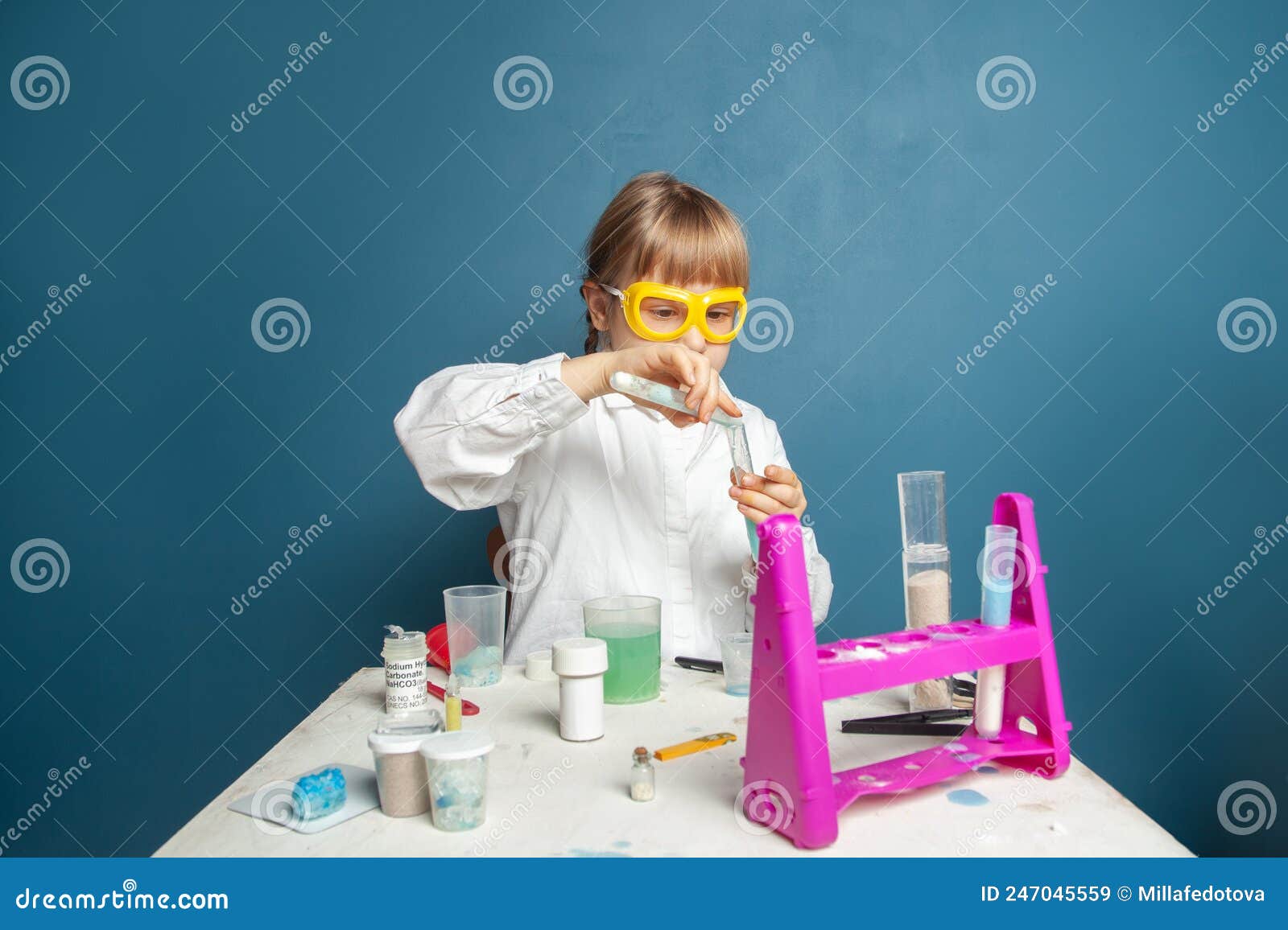 Little Child Girl Student Making Science Experiment in Lab Stock Image ...