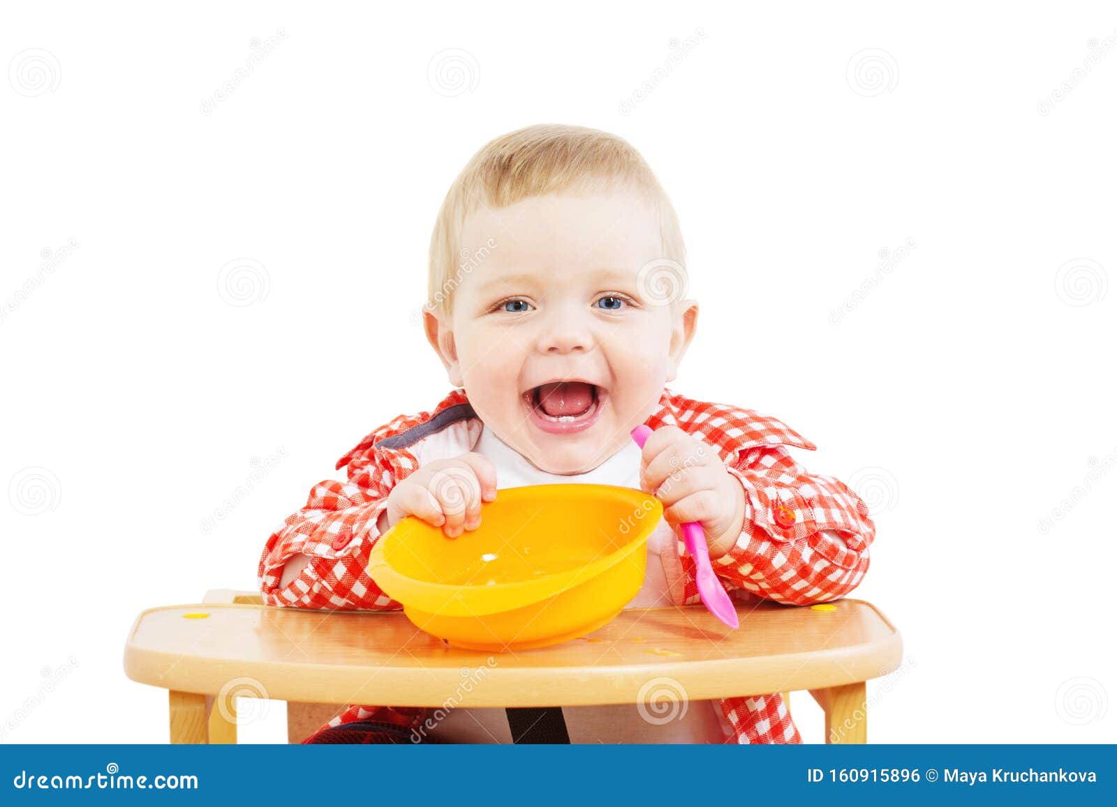 Little Child with Plate and Spoon Isolated on White Background Stock ...