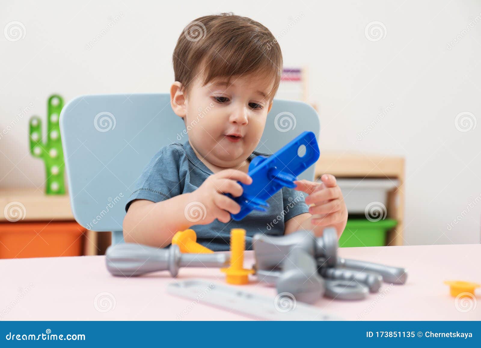 Little Child Playing with Toy Construction Tools Stock Image - Image of ...