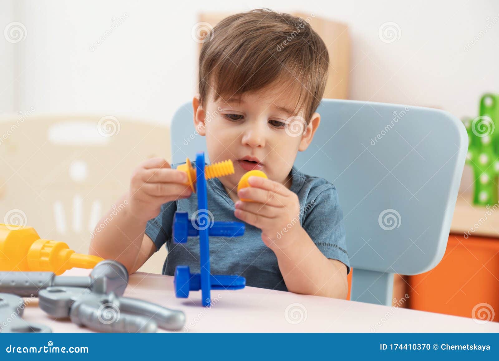 Little Child Playing with Toy Construction Tools Stock Photo - Image of ...