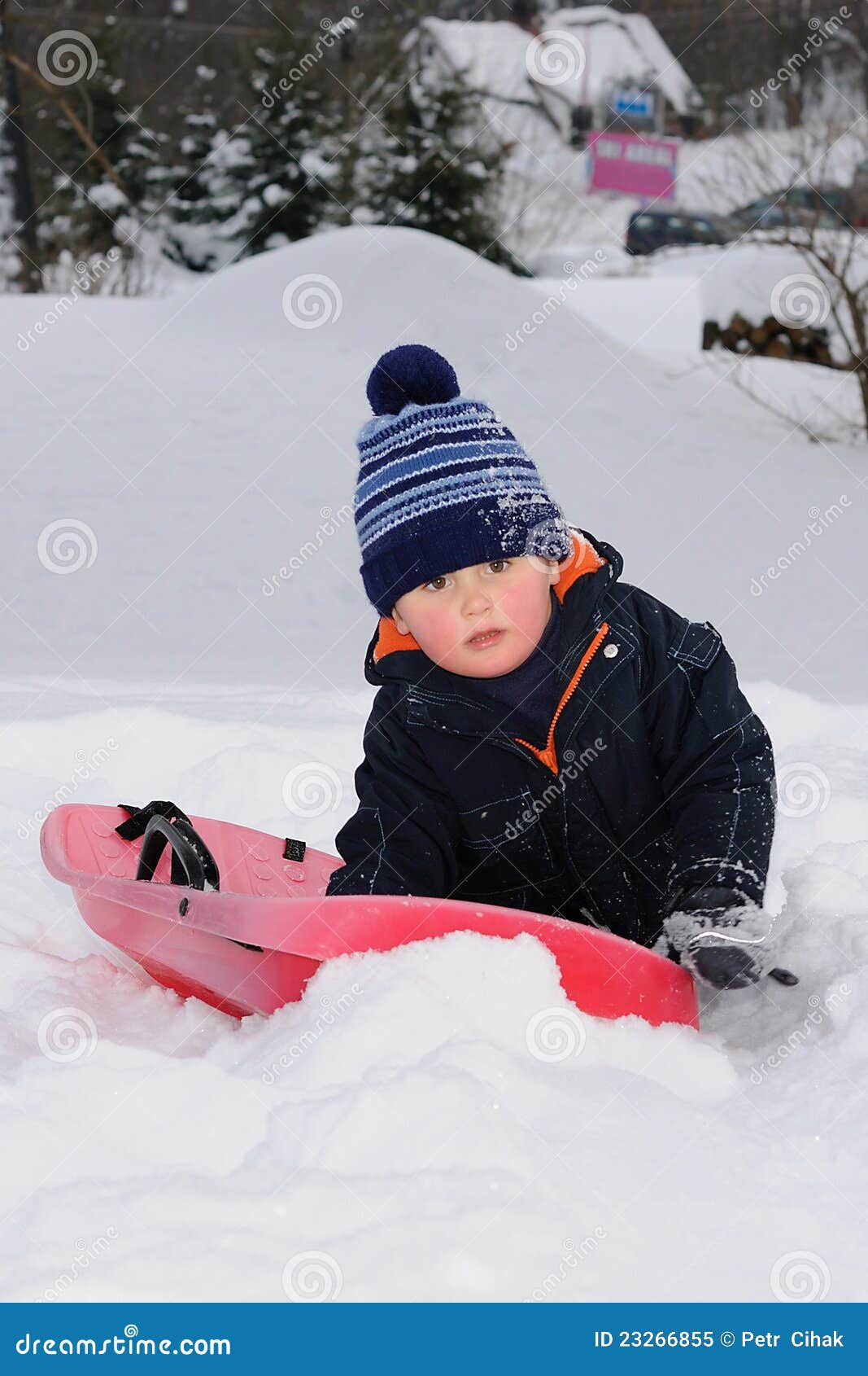 Little Child with Red Sledge Stock Image - Image of winter, play: 23266855