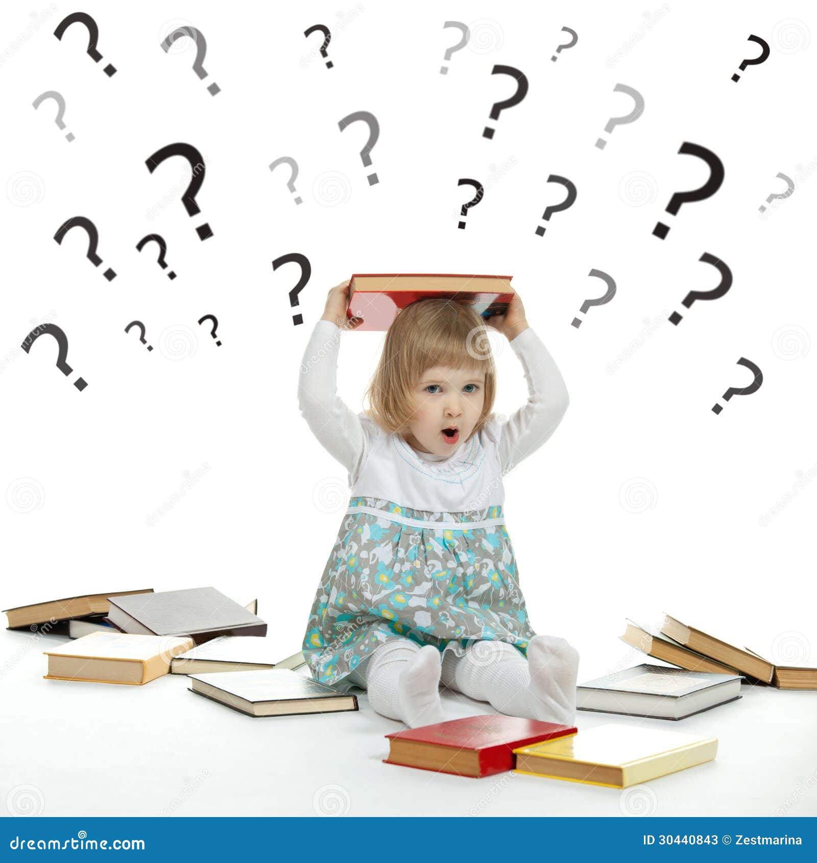 Little Child Surrounded by Books and Question Marks Stock Image - Image ...
