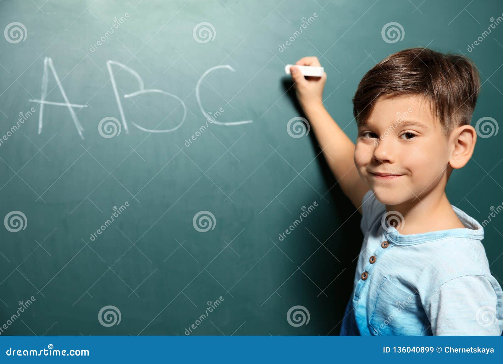 Little Child Writing Letters on Green Blackboard Stock Image - Image of ...