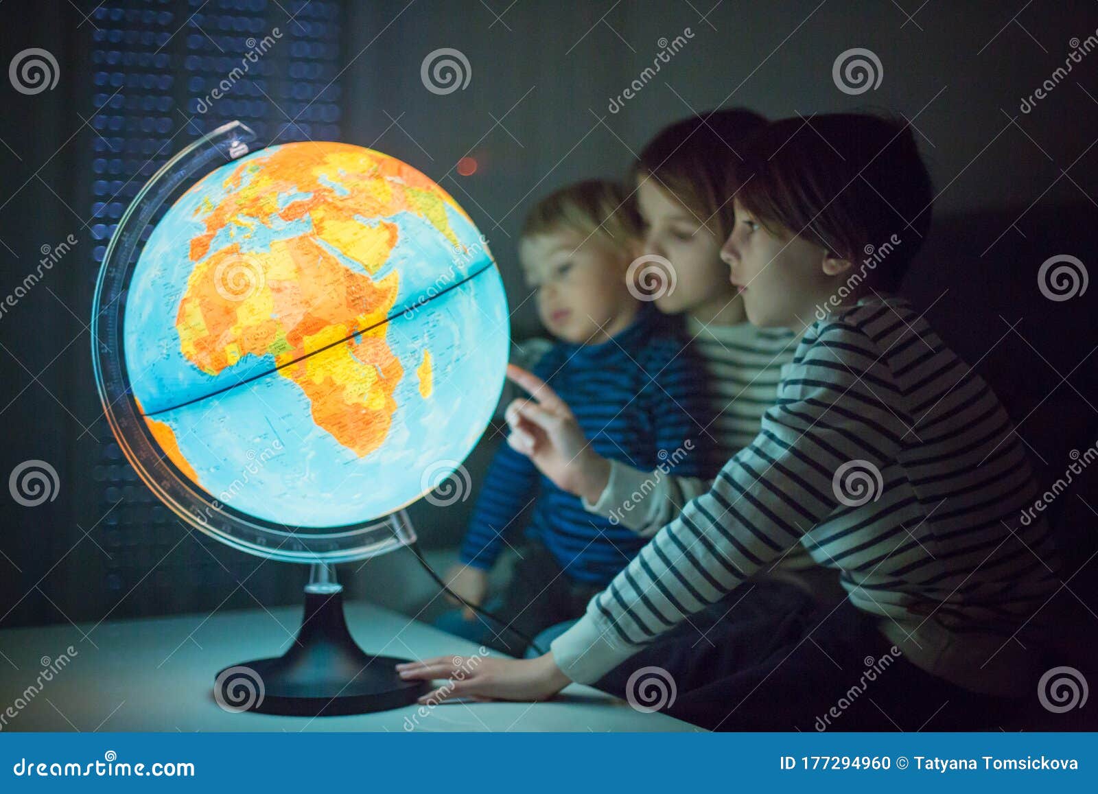 Little Children, Brothers, Looking at Illuminated Globe, Exploring ...