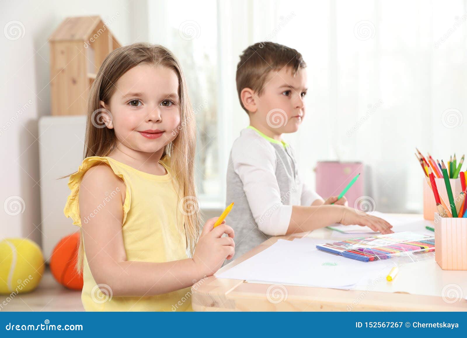 Little Children Drawing at Table. Learning and Playing Stock Image ...