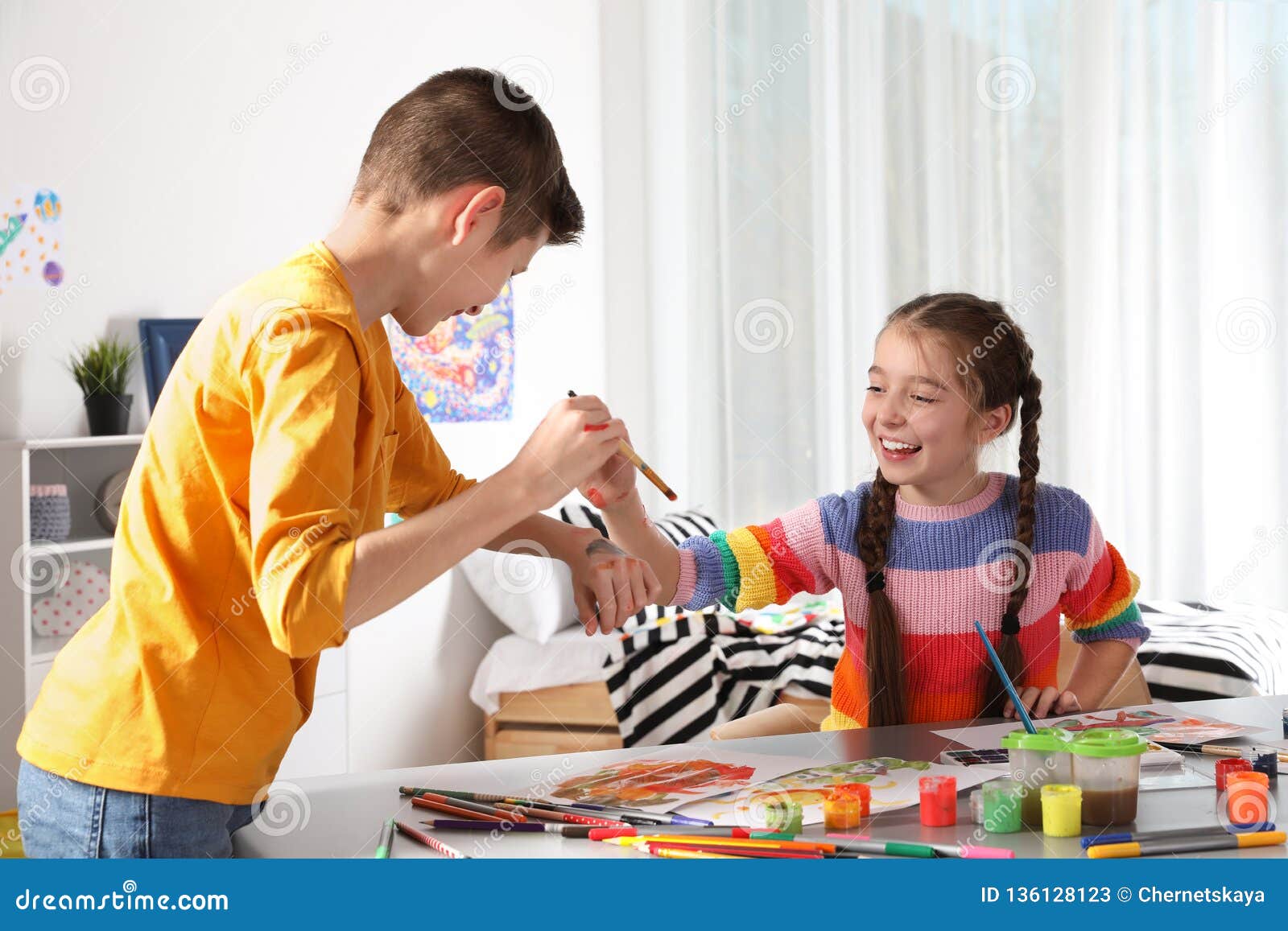 Little Children Having Fun with Paints at Table Stock Image - Image of ...