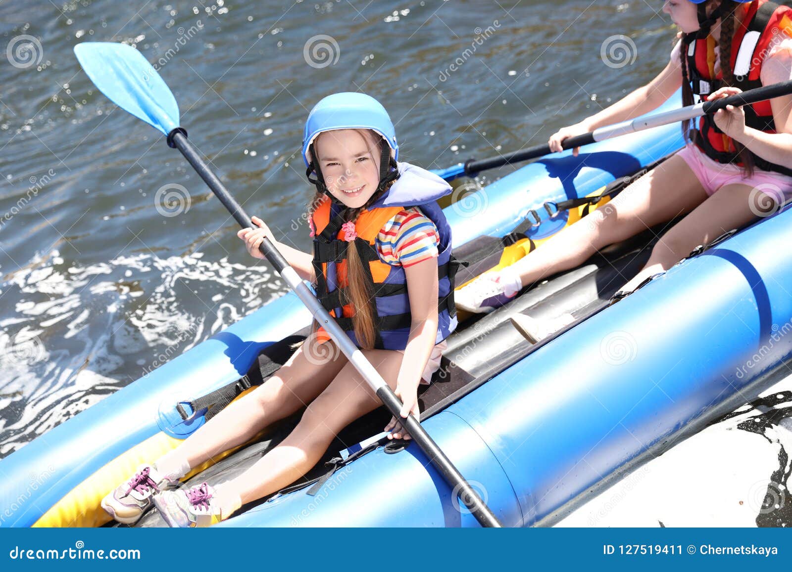 Little Children Kayaking on River. Stock Image - Image of portrait ...