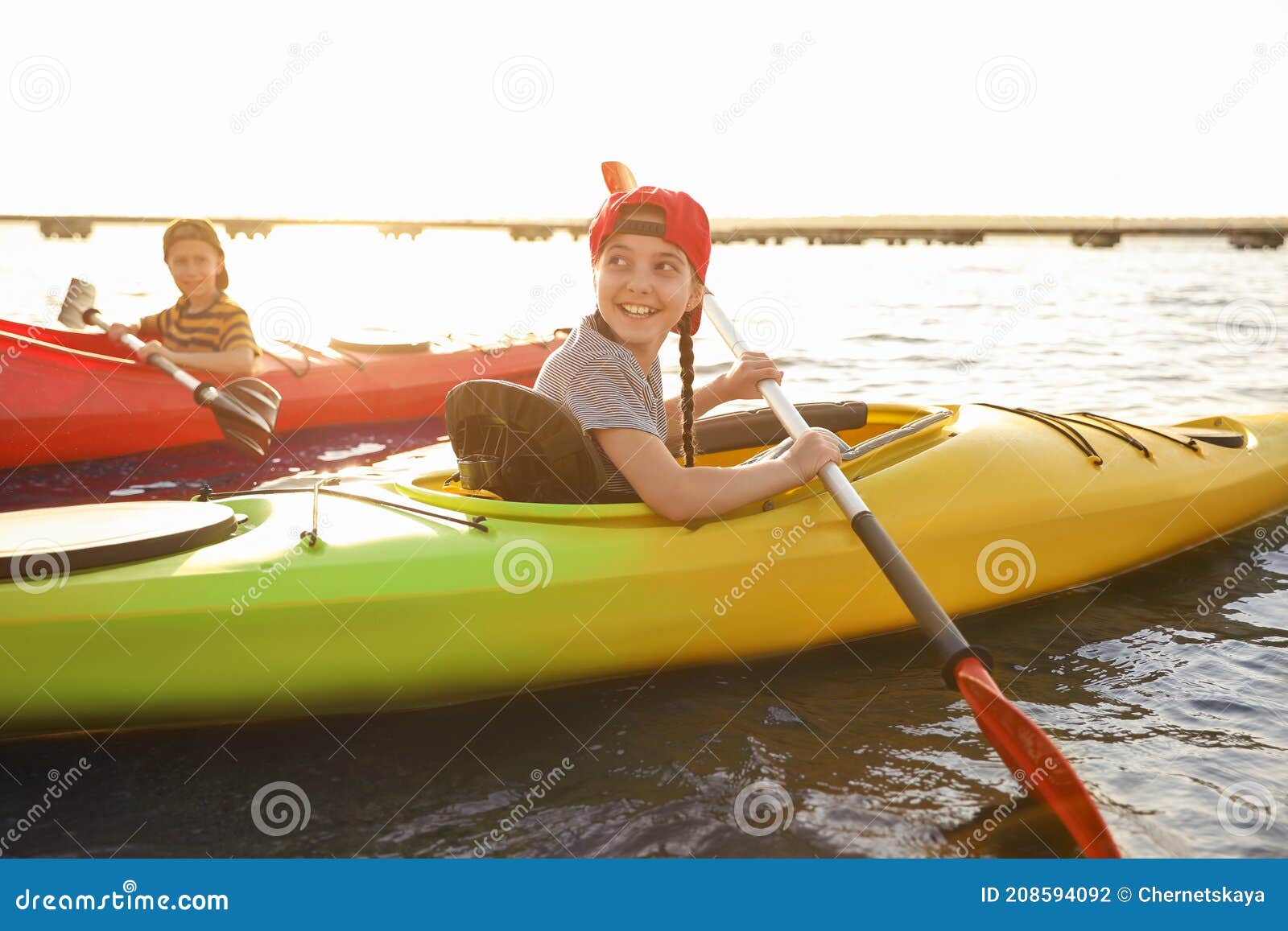 Little Children Kayaking on River. Summer Camp Activity Stock Photo ...