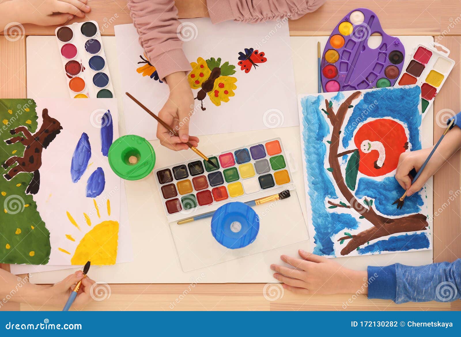Little Children Painting at Table Stock Photo - Image of drawing ...