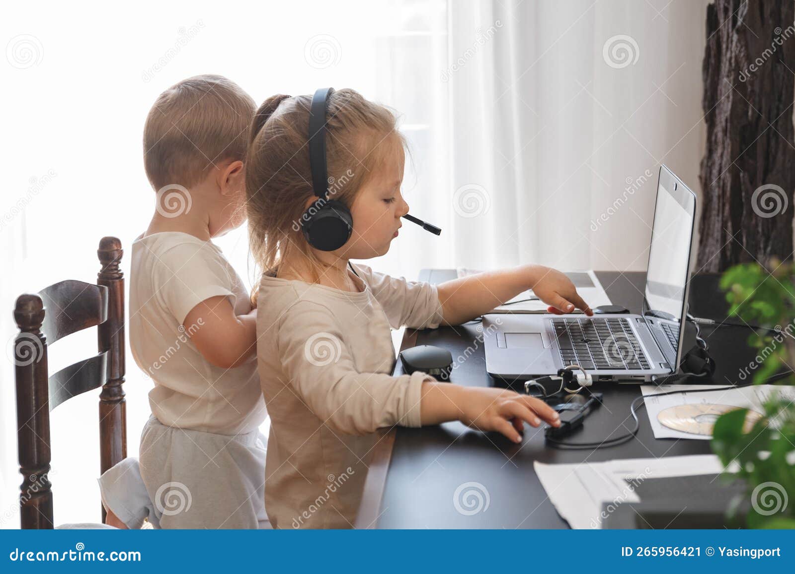 Little Children Play with Computer of Parents Stock Image - Image of ...